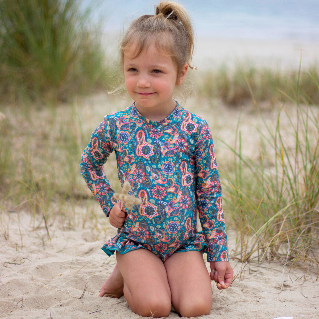 Girls Open Back Swimsuit | Teal – "Pink and Blue Avenue"