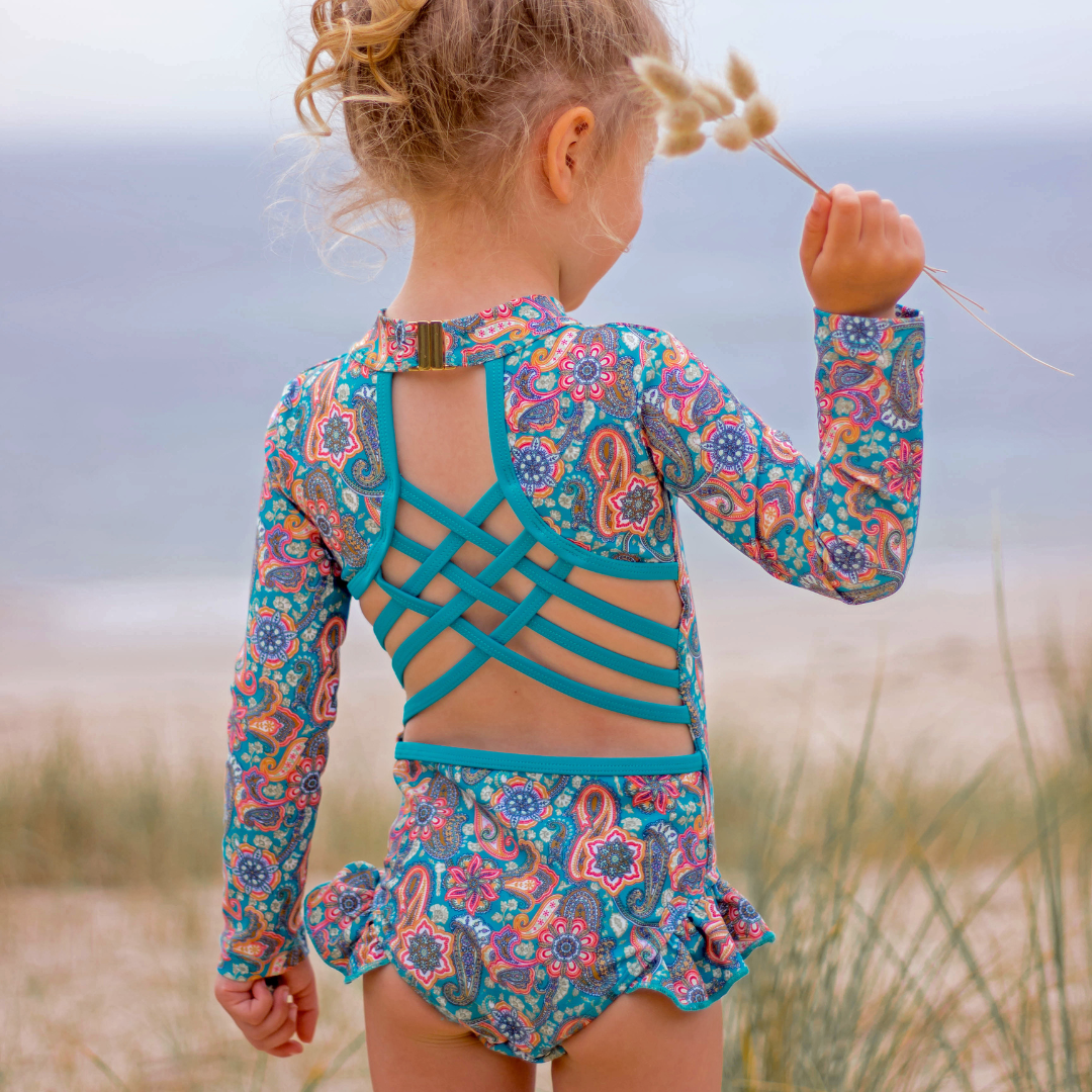 Girls Open Back Swimsuit | Teal – "Pink and Blue Avenue"